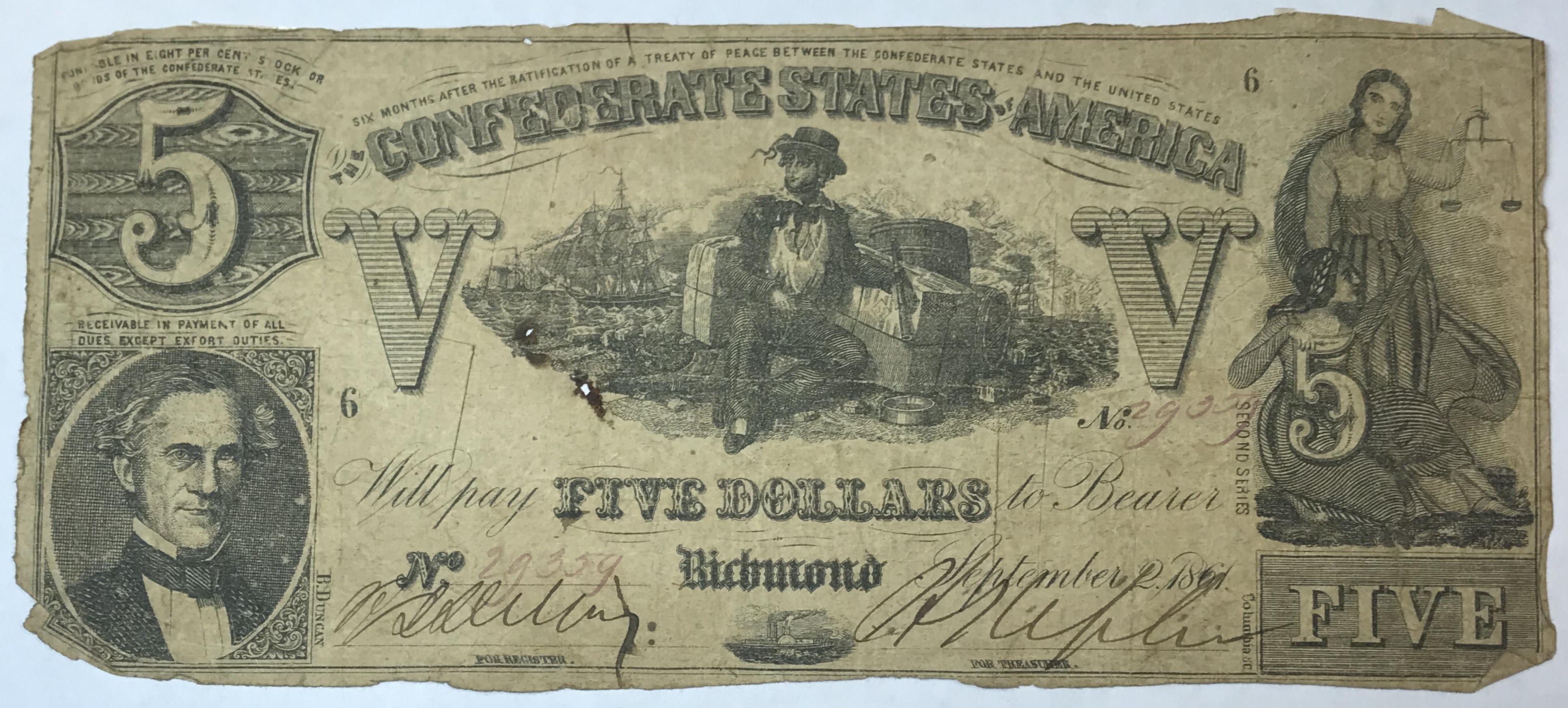 1861 $5 Confederate States of America Richmond Note | Property Room