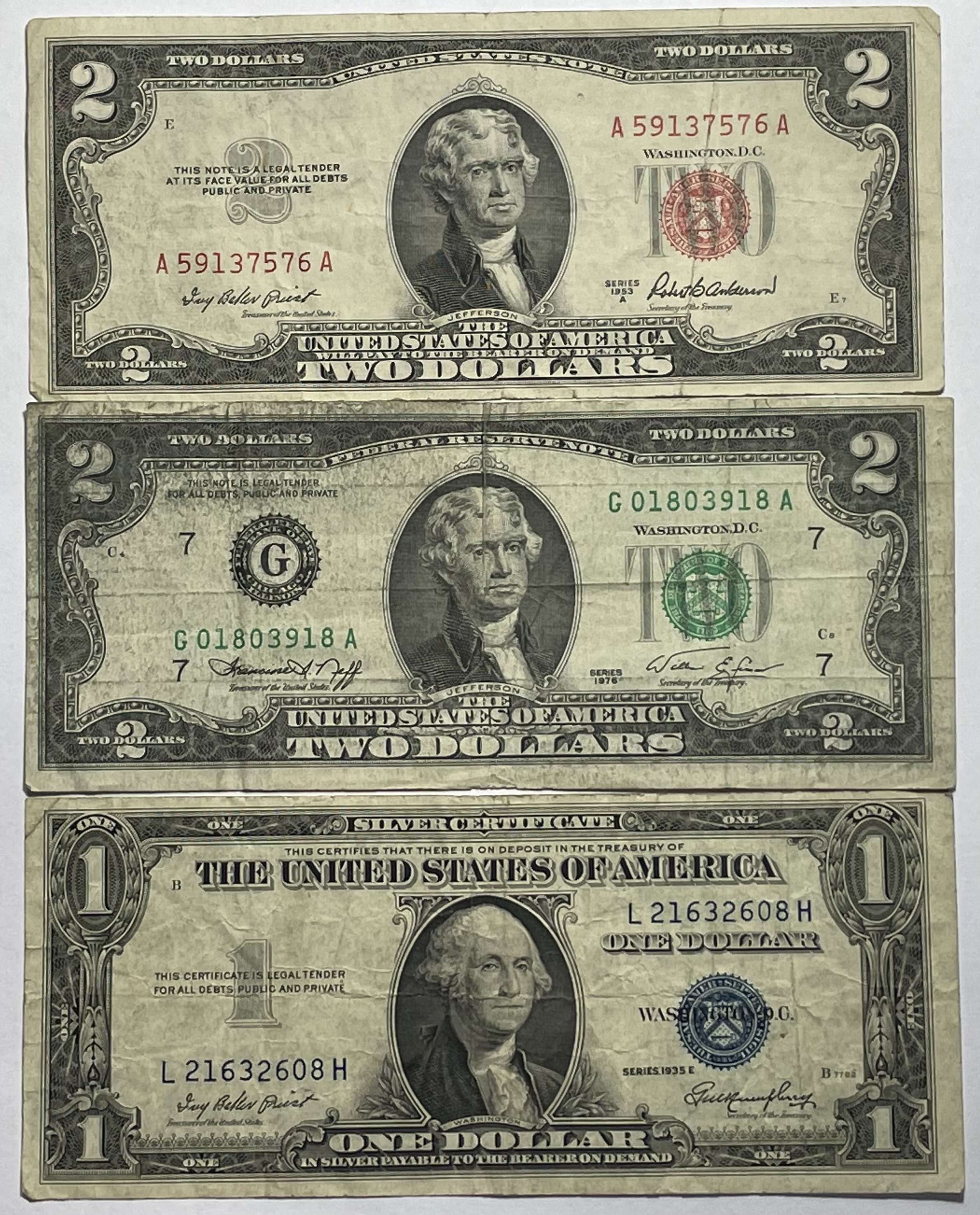 Lot of (3) Obsolete U.S. Currency Notes - 1953A $2 Red Seal, 1976 $2 ...