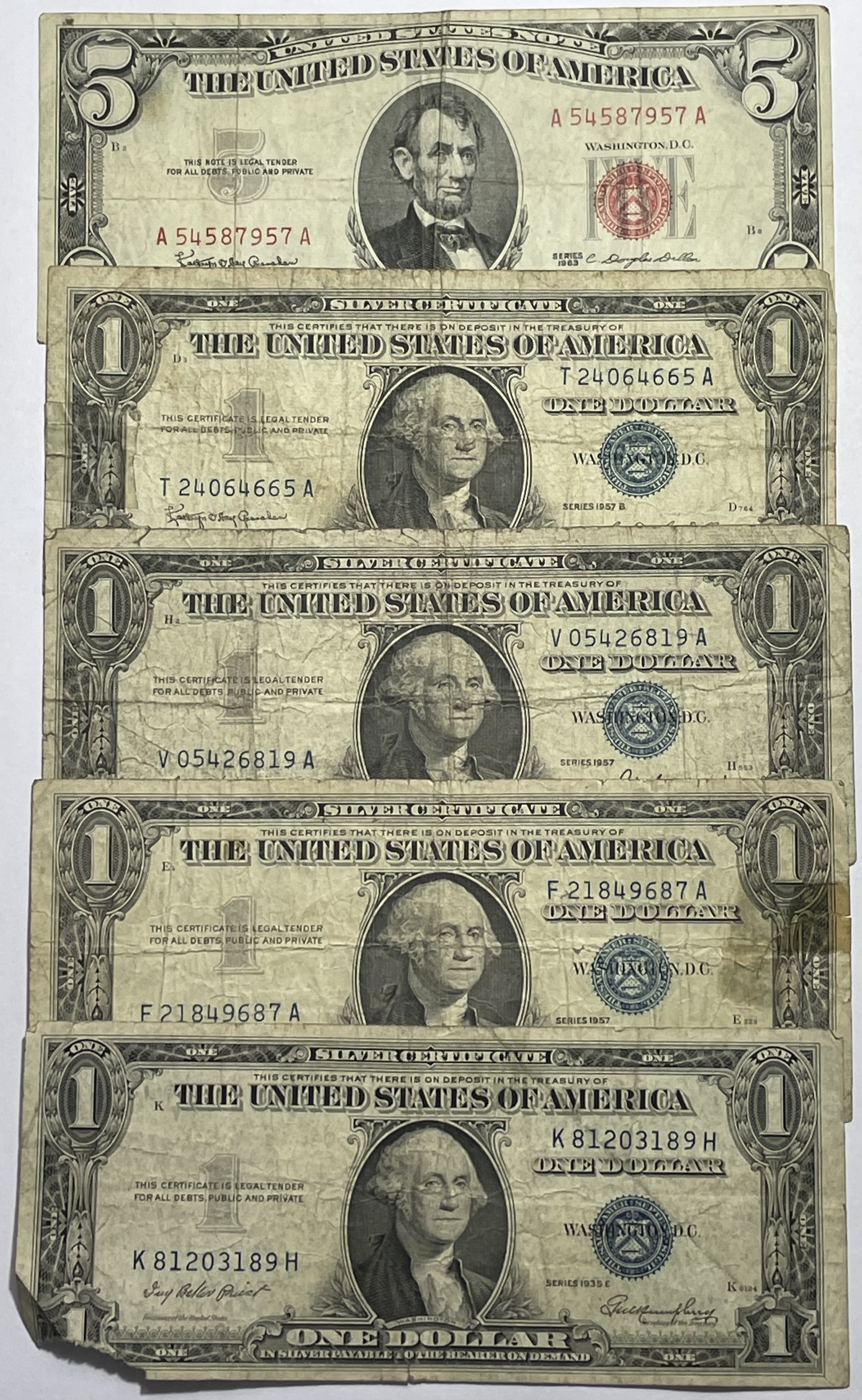 Lot of (5) Obsolete U.S. Currency Notes - 1963 $5 Red Seal, 1935E, (2 ...