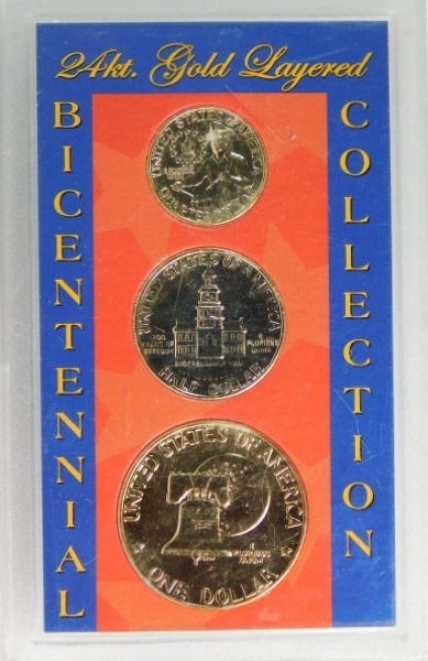 24K Gold Layered 1976 Bicentennial Collection - Eisenhower "IKE" Dollar, Kennedy Half Dollar and ...
