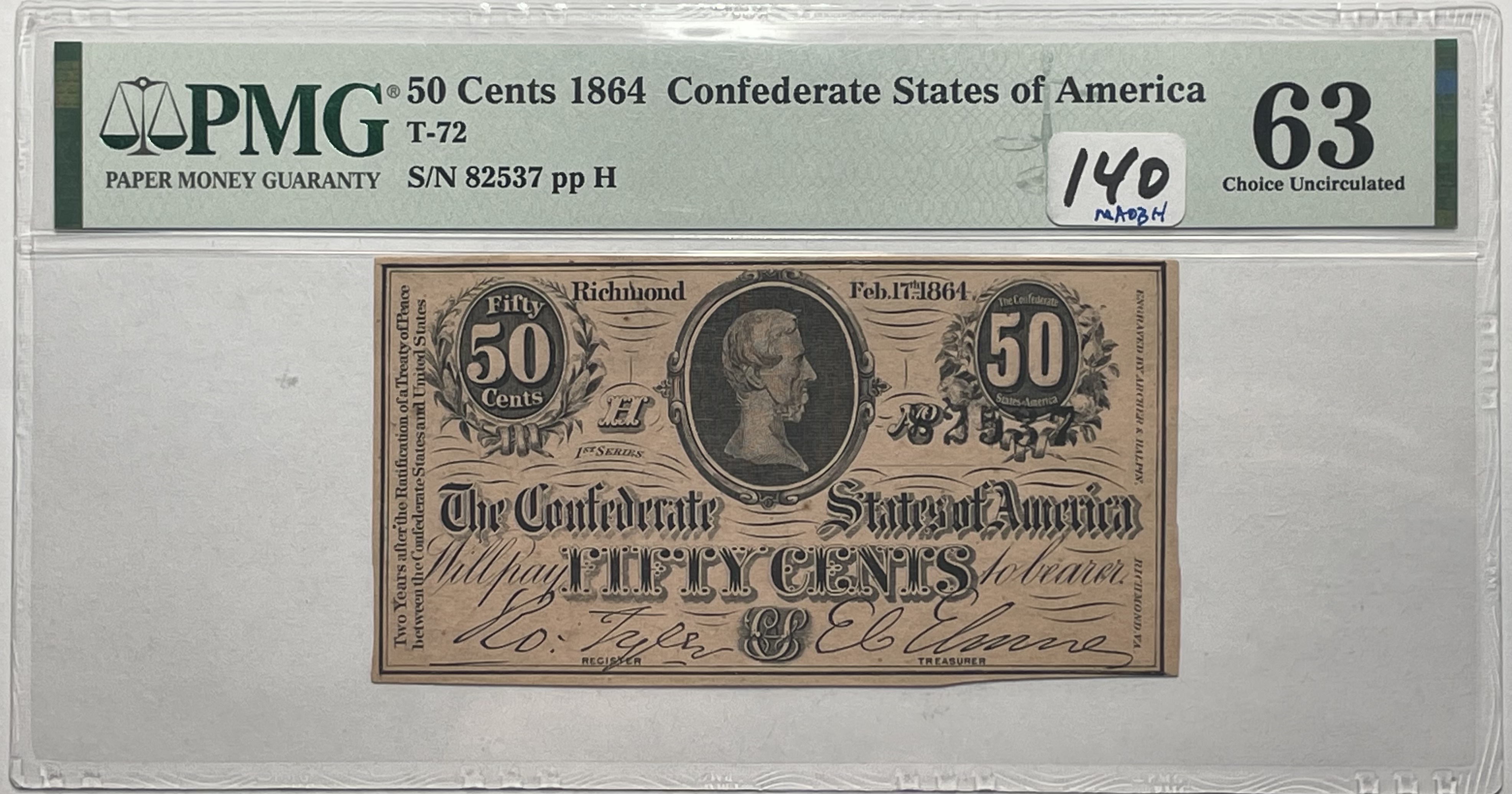1864 50 Cents Confederate States of America Note - T-72 - PMG Graded ...