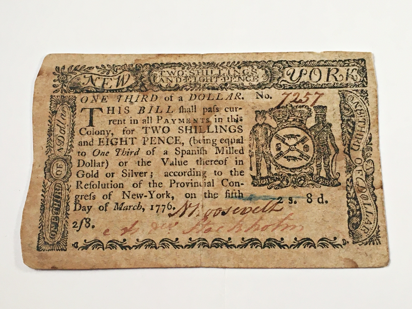 1776 Two Shillings and Eight Pence New York Colonial Note | Property Room