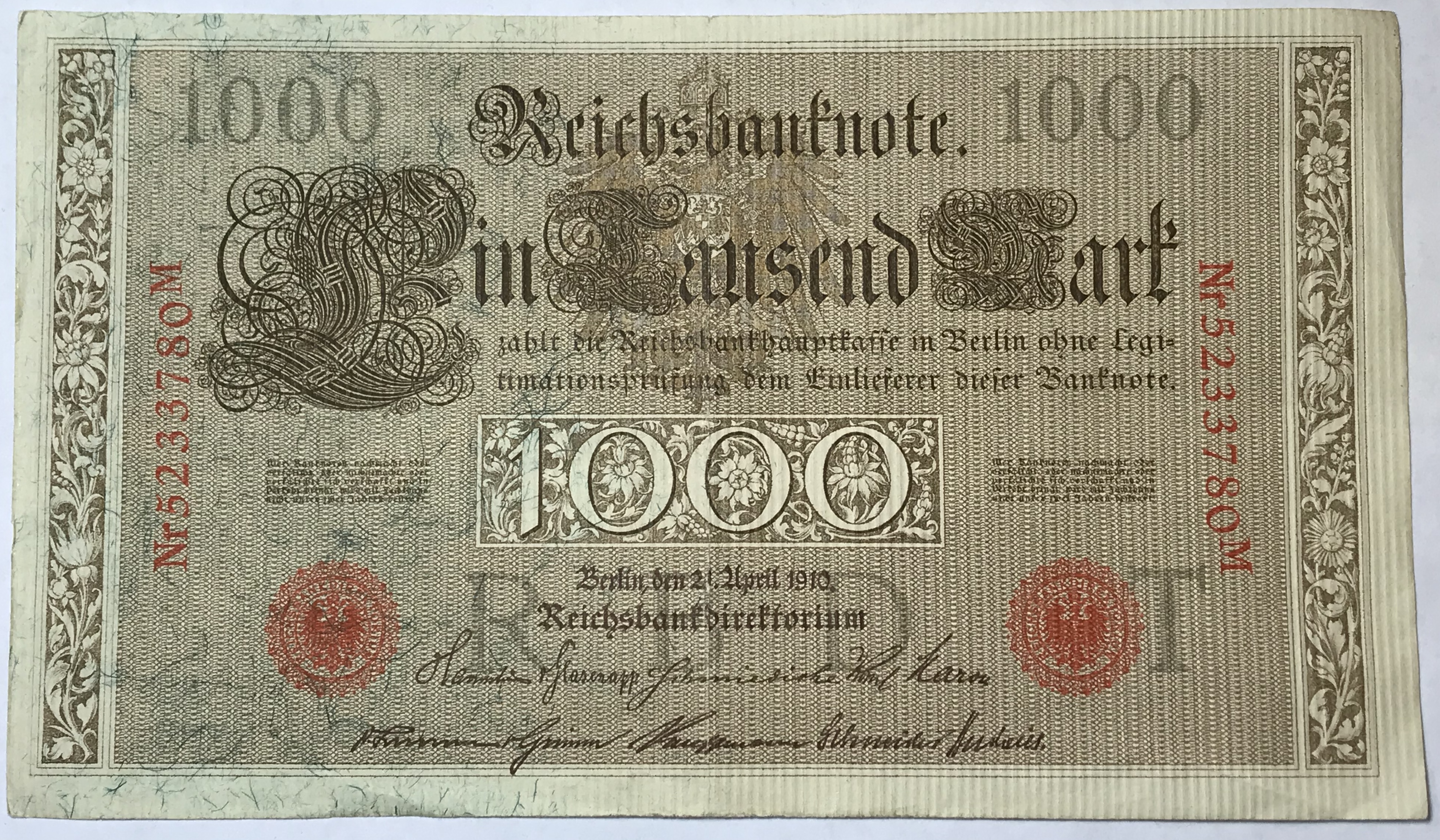 1910 Germany 1000 Reichsbanknote - Red Seal Variety - Higher Grade Note ...