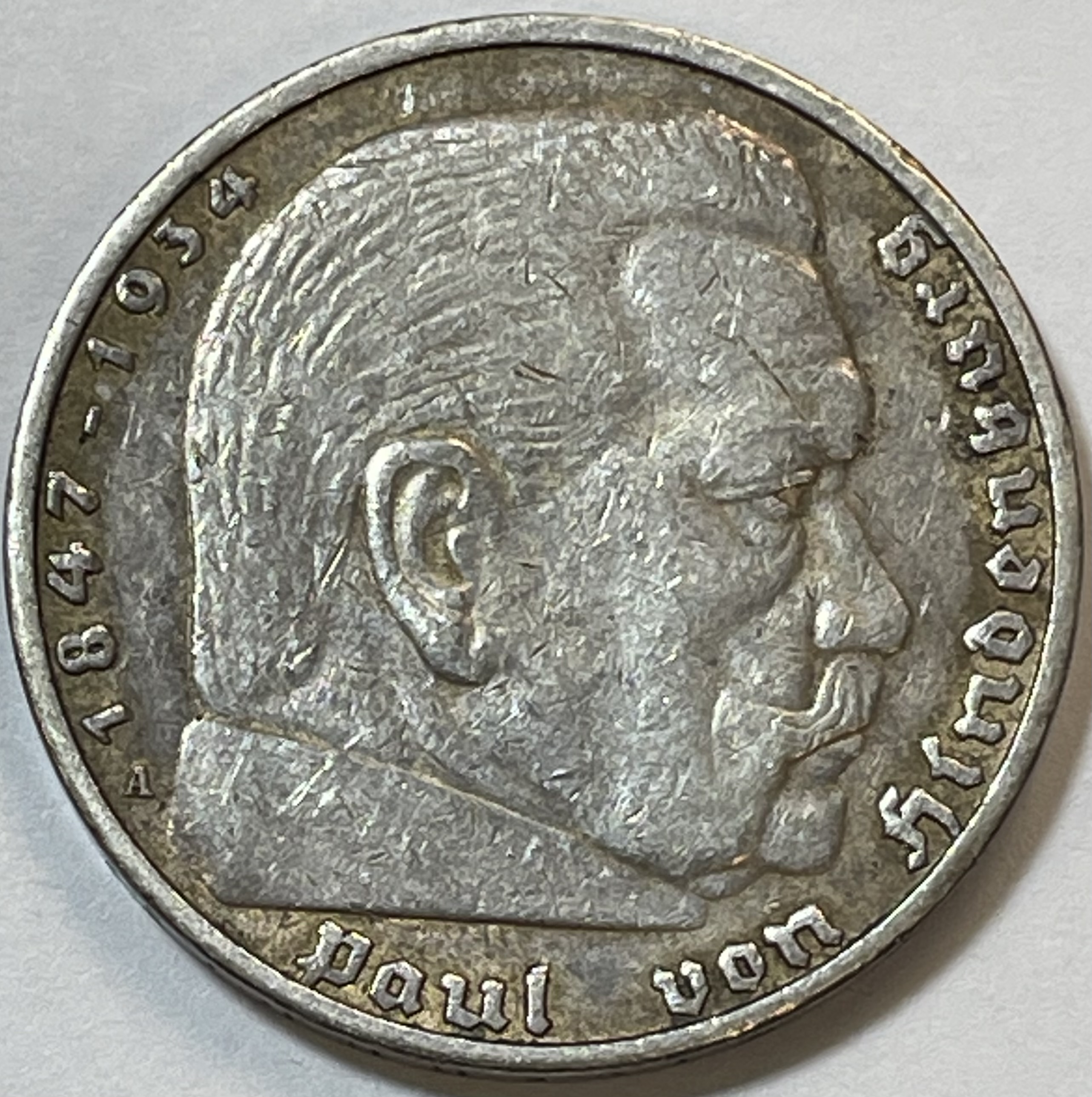 1936A Germany SILVER 5 Reichsmark Paul Von Hindenburg Commemorative ...