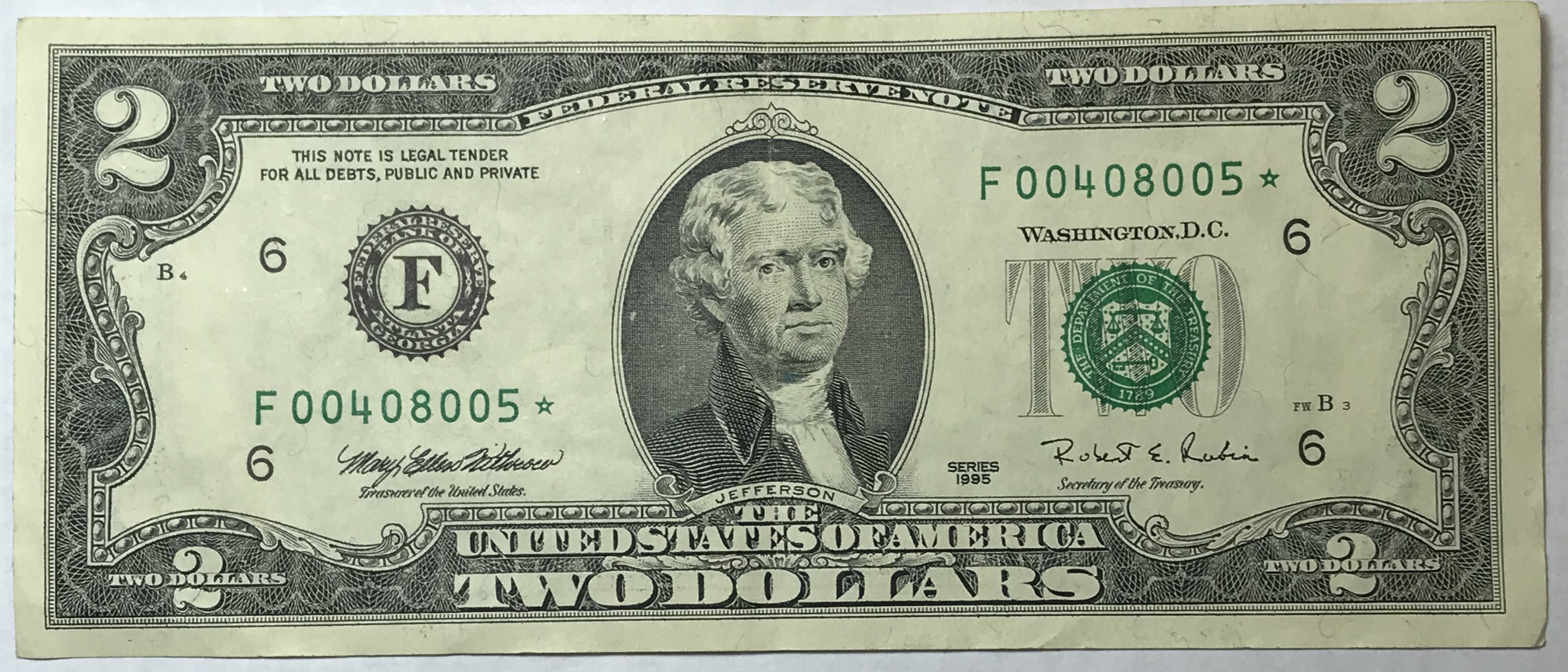 1995 $2 STAR NOTE REPLACEMENT ERROR - High Grade Crisp Note | Property Room