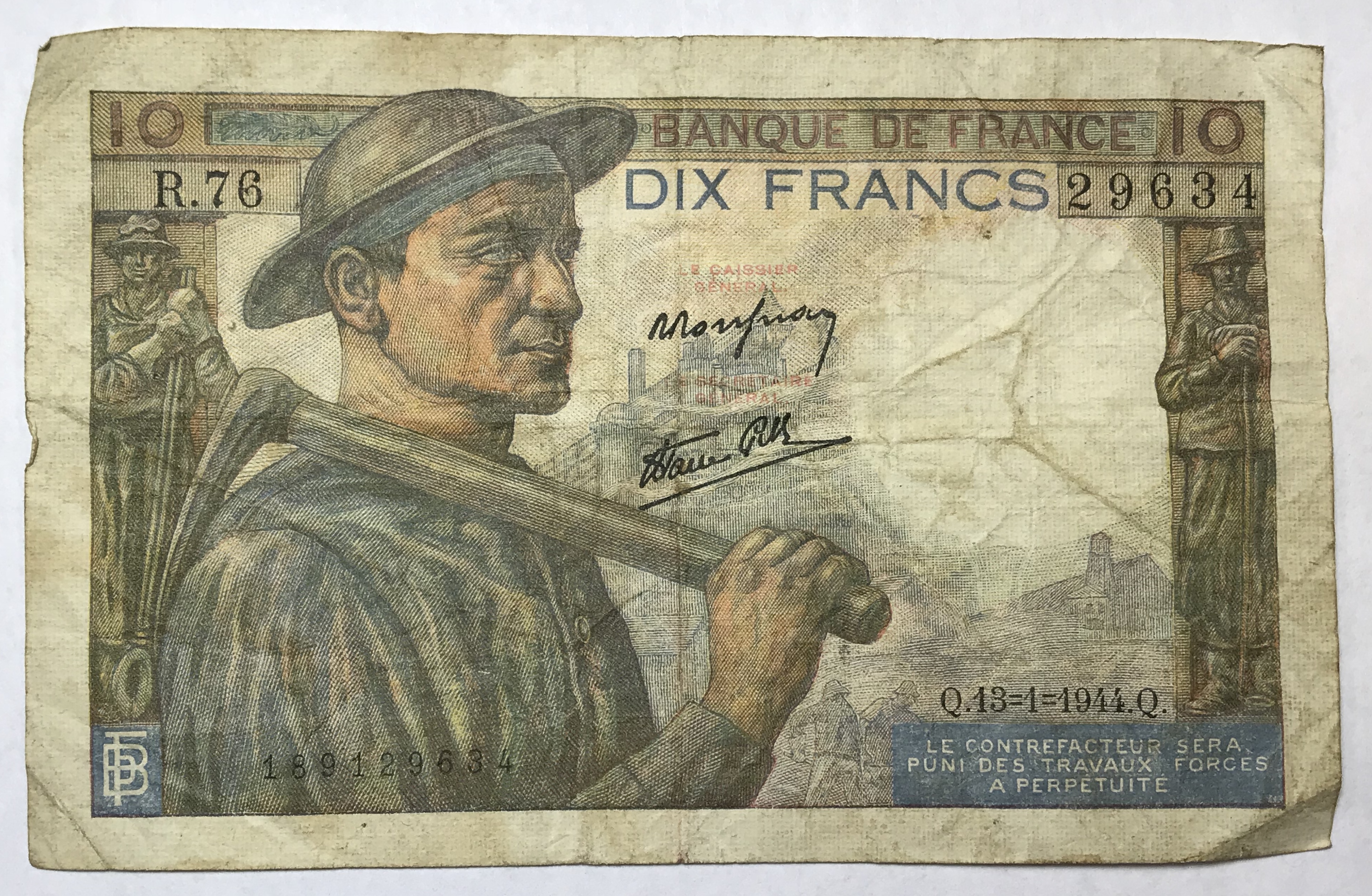 1944 World War II France 10 Francs Bank Note | Property Room