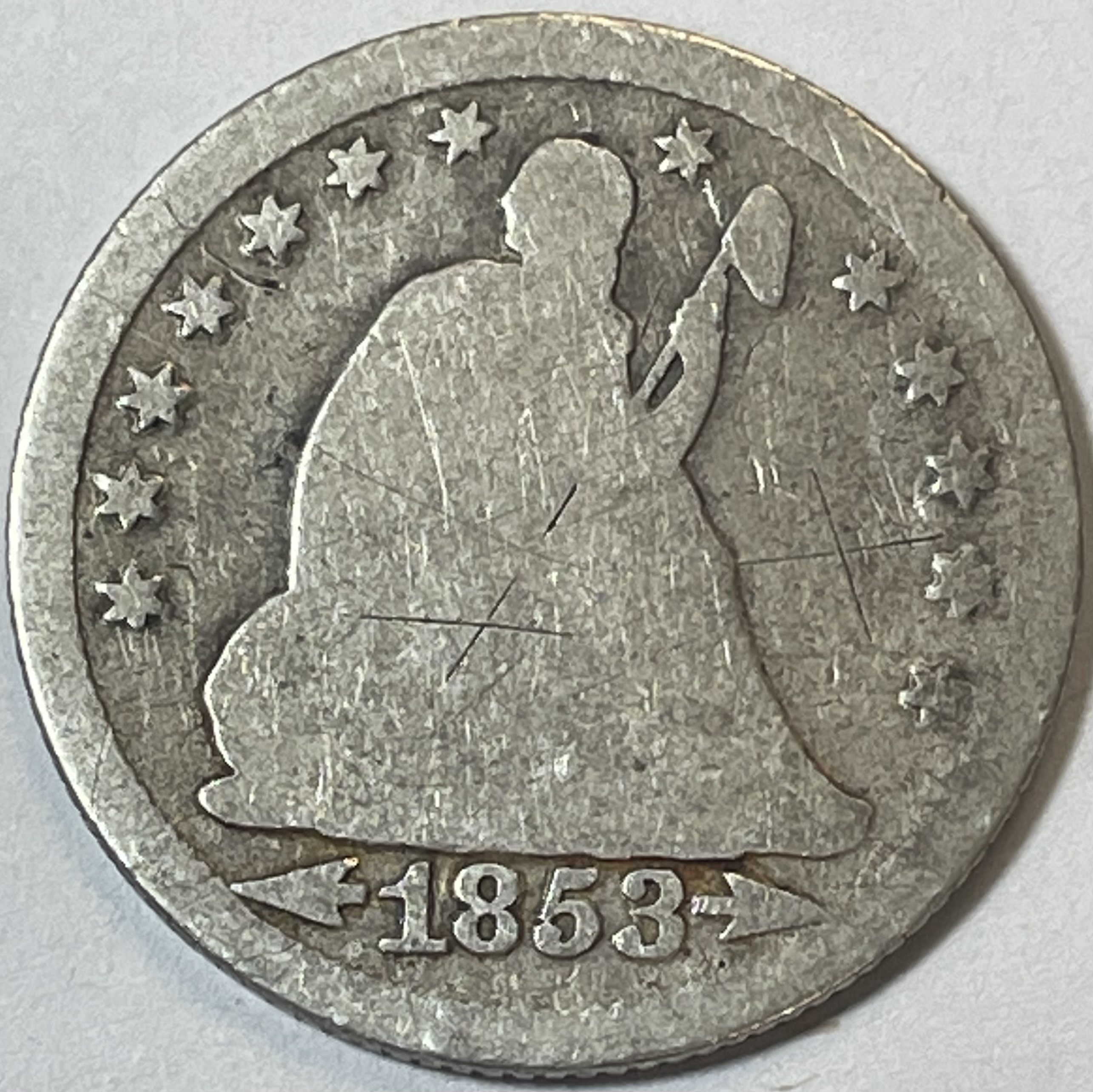 1853 Arrows and Rays Variety Seated Liberty Silver Quarter | Property Room