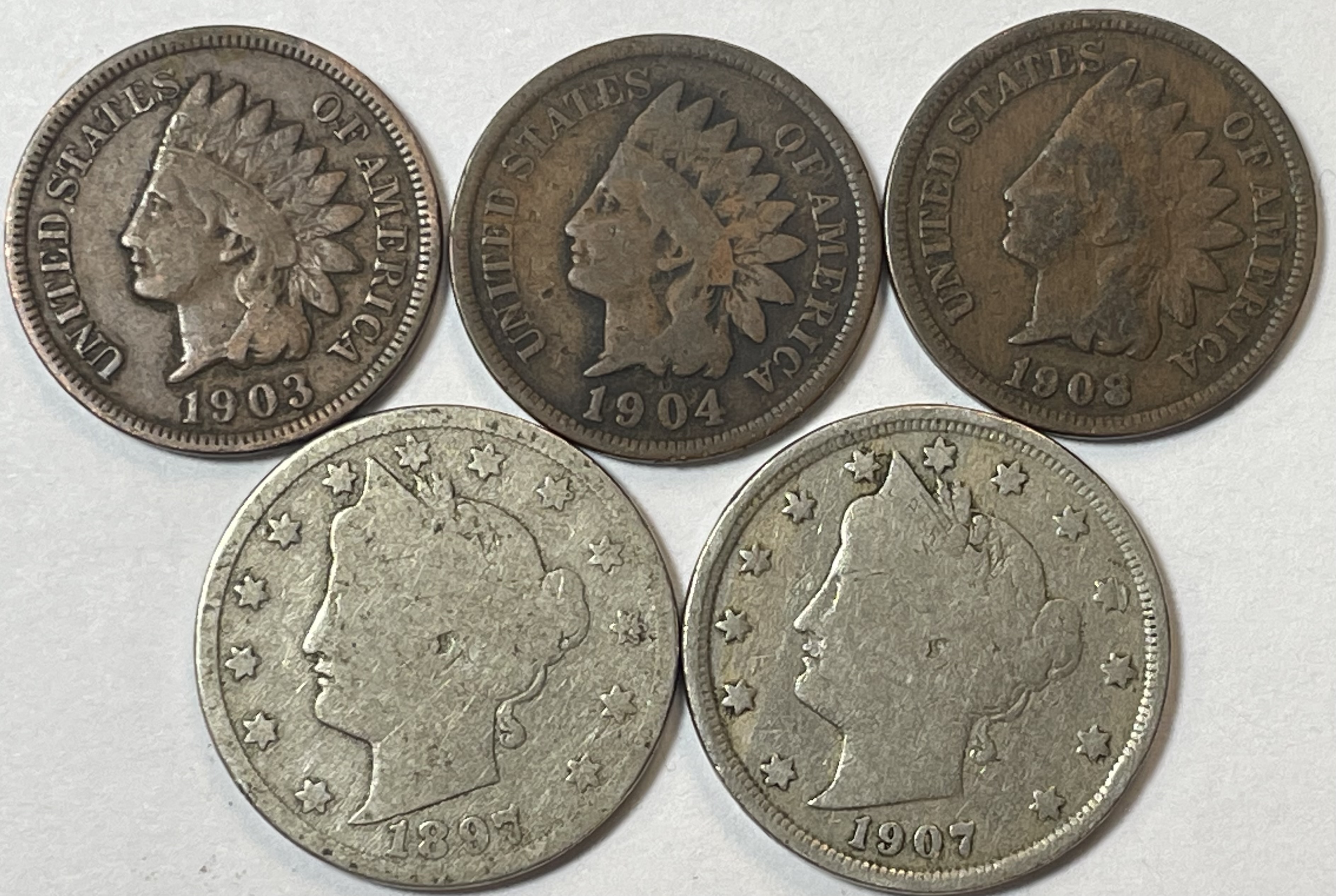 Lot of (5) Obsolete Coins - 1897 & 1907 Liberty "V" Nickels and 1903 ...