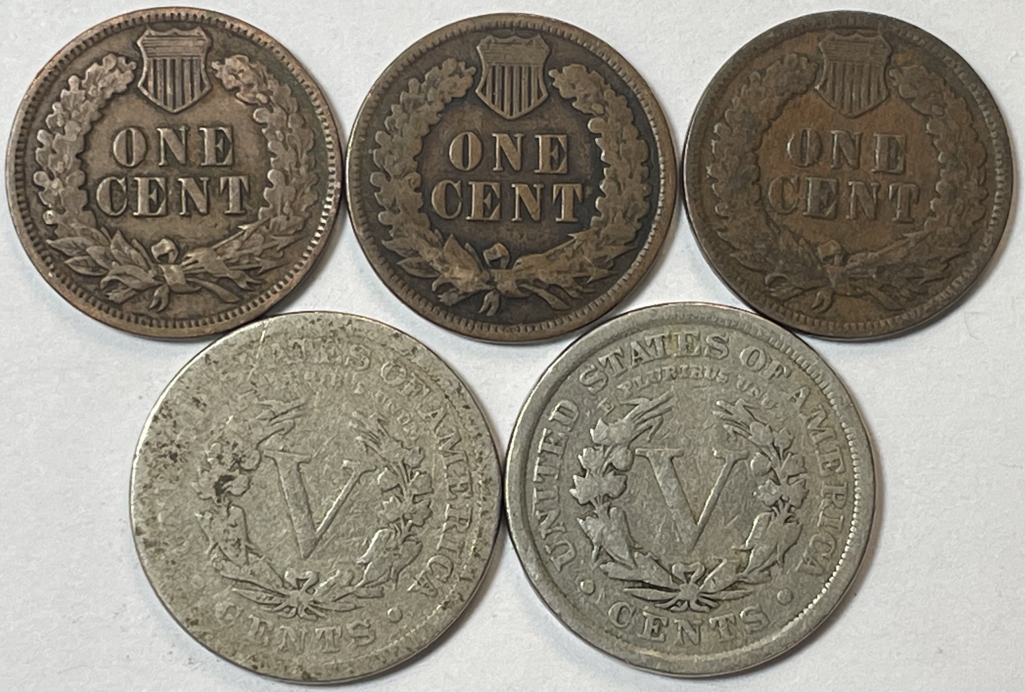 Lot of (5) Obsolete Coins - 1897 & 1907 Liberty "V" Nickels and 1903 ...