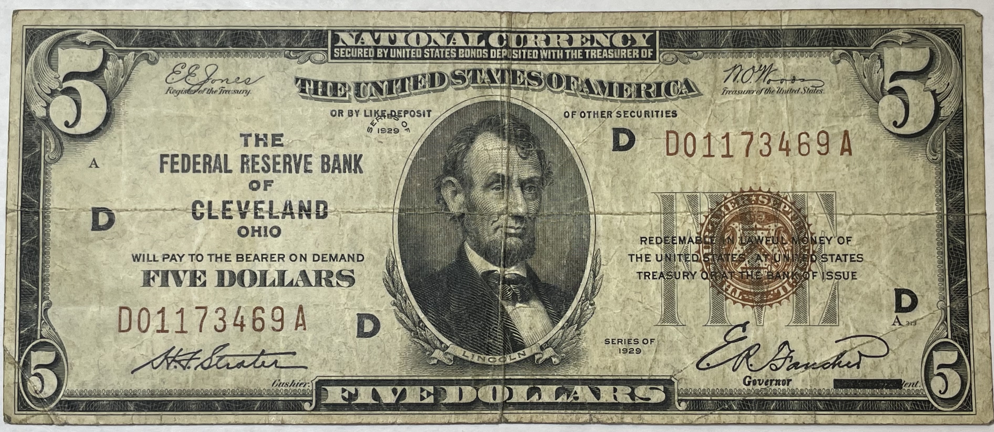 1929 $5 Federal Reserve Bank of Cleveland Brown Seal National Currency ...