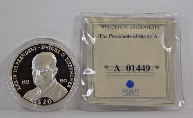 .999 Fine Silver $20 Dwight D. Eisenhower Commemorative Proof Silver ...