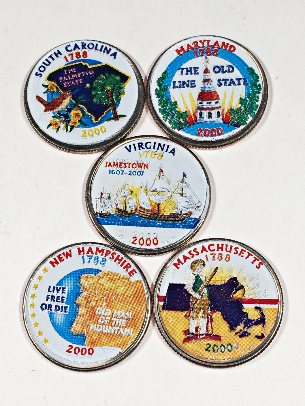 All Five 2000 Colorized Commemorative State Quarters*Mass., New Hamp ...