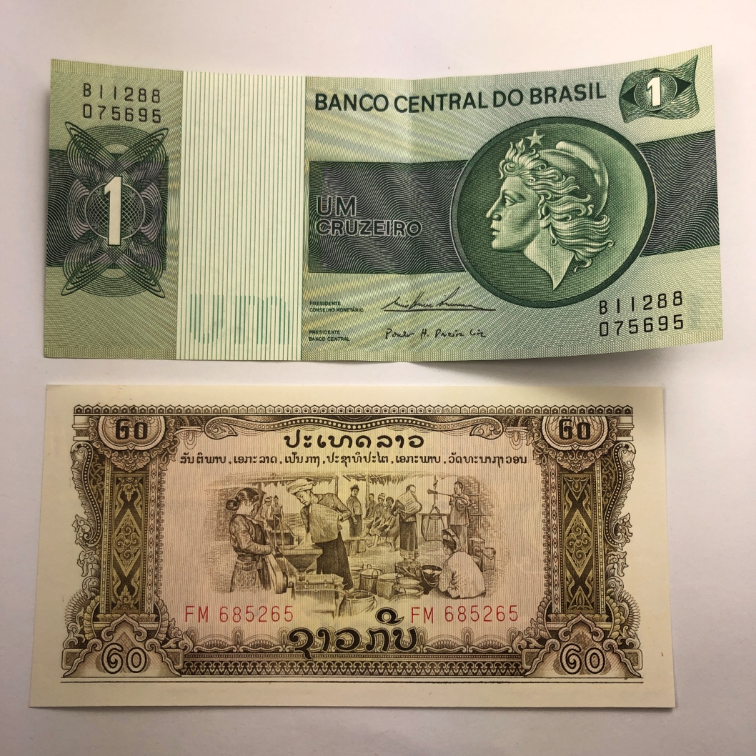 Brazil 1 Cruzeiro and South East Asian Banknotes in Protective Sleeve ...