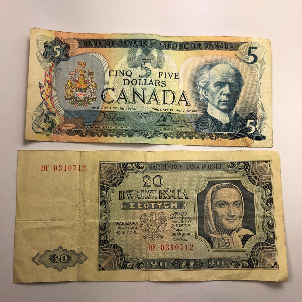 Canada $5 and Poland 20 Zlotych Banknotes in Protective Sleeve ...