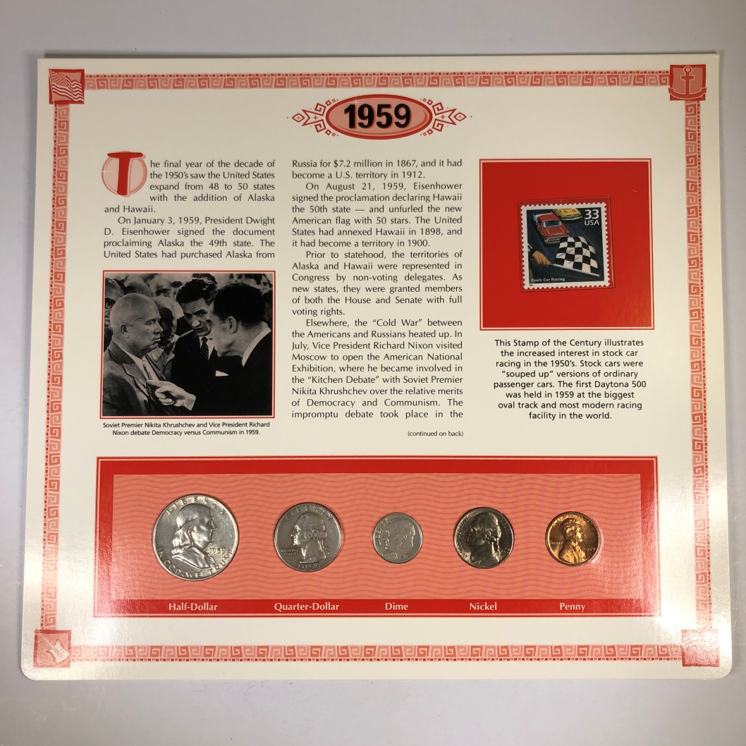Complete Set of Coins of 1959 Including Silver Half Dollar, Quarter and ...