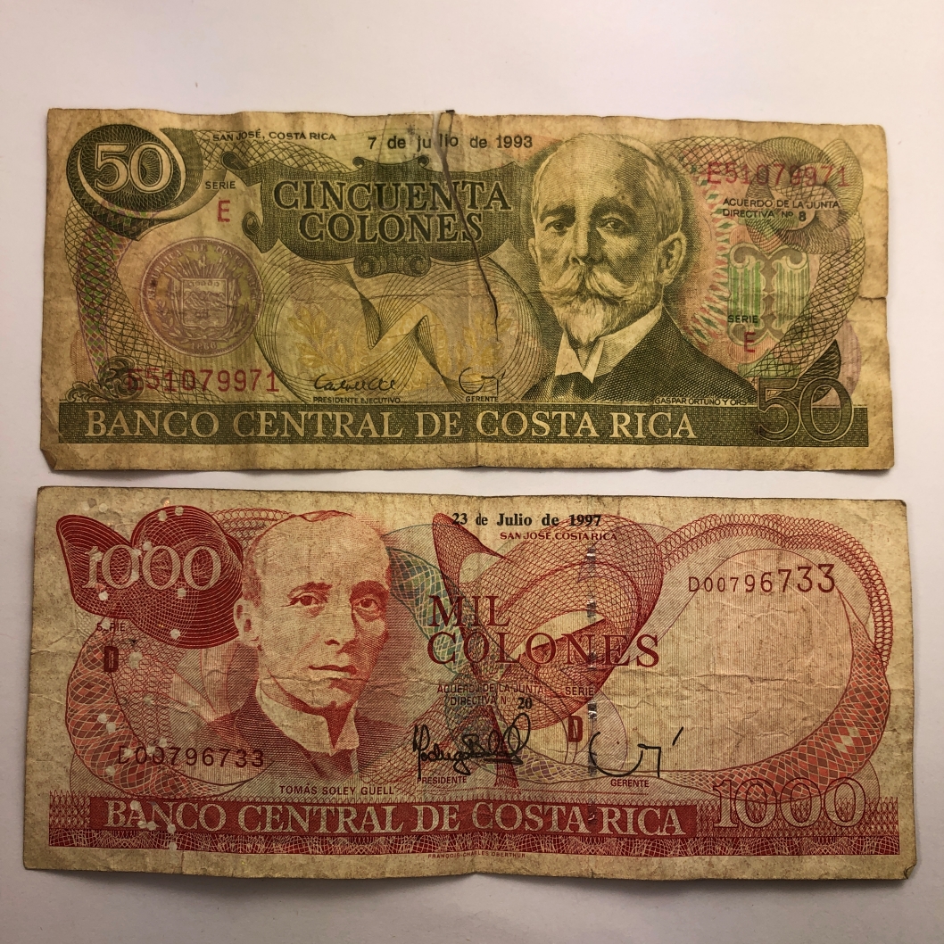 Costa Rica 50 Colones and 1000 Colones Banknotes in Protective Sleeve ...
