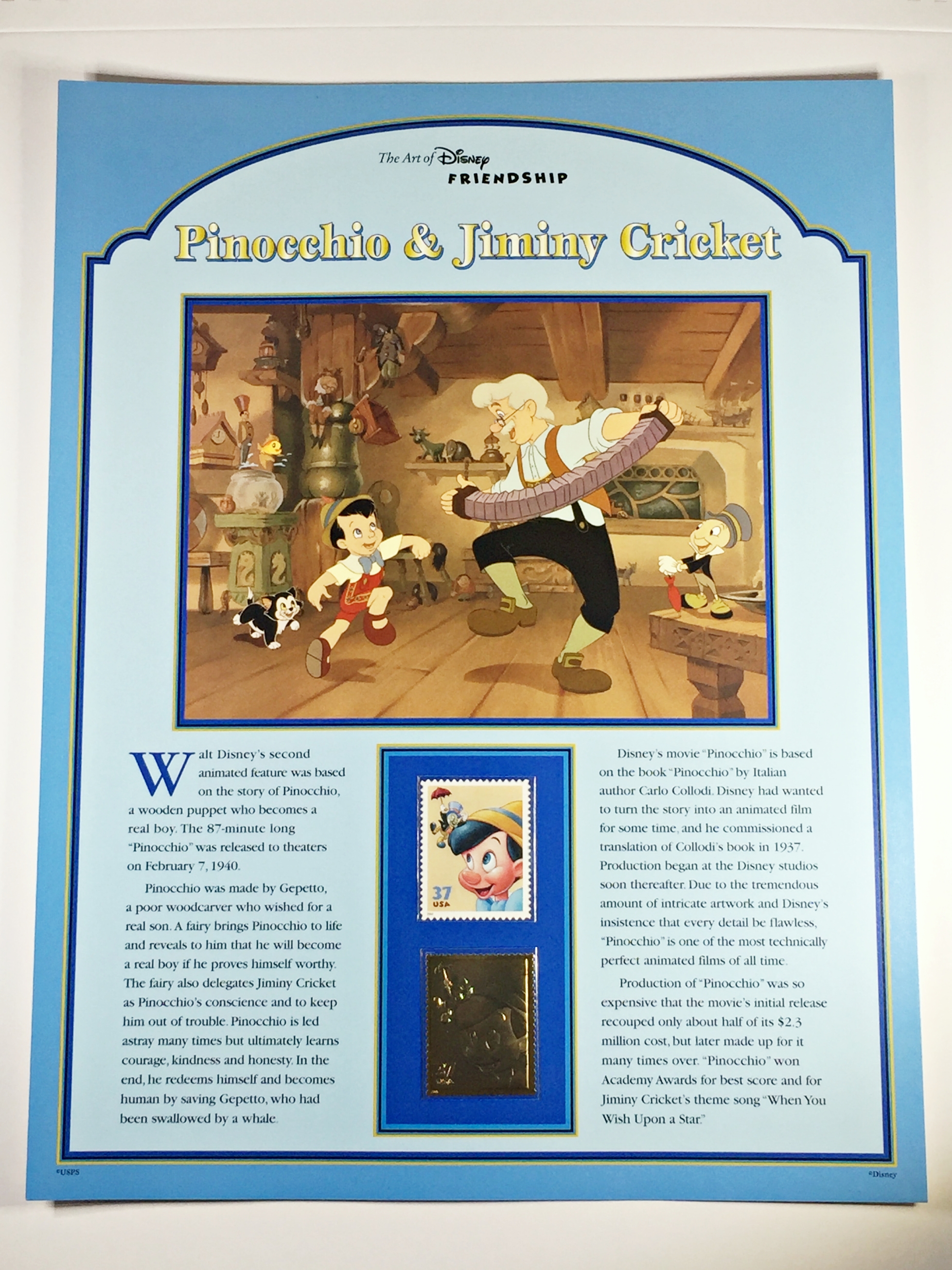 Disney Magic*22K Gold Foil Stamp of Pinocchio/Jimmy Cricket + Original ...
