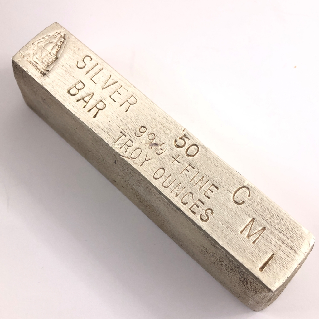 Fifty (50) Troy Ounces .999+ Fine Silver Bar*USS Constitution Design ...