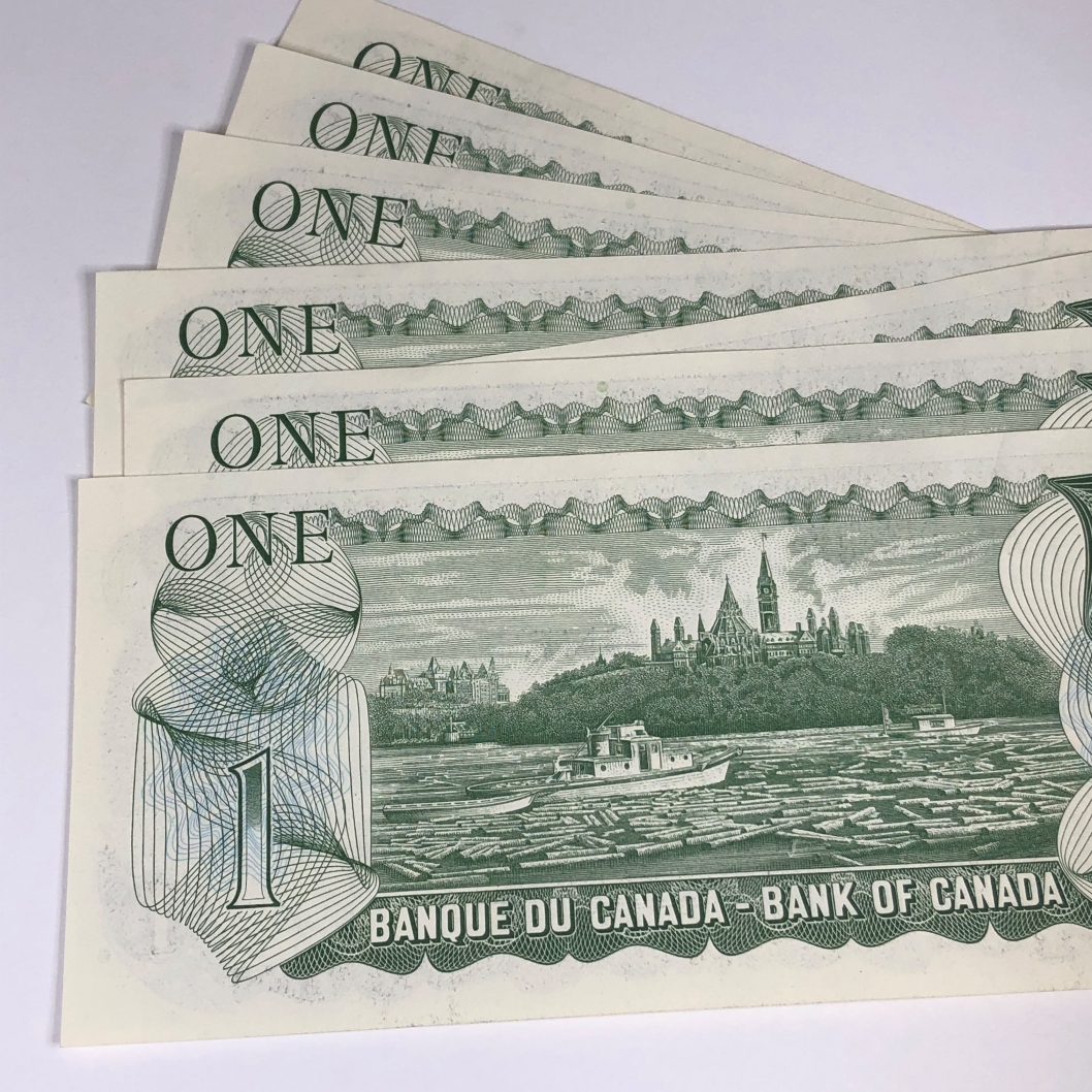 Five (5) 1973 Canada $1 Bank Notes in CONSECUTIVE NUMBERS*Crisp ...