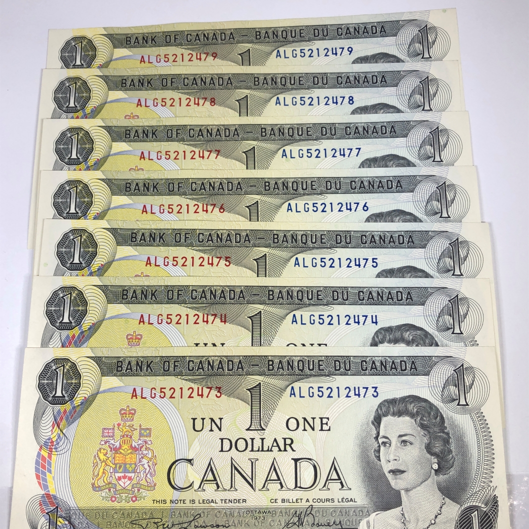 Five (5) 1973 Canada $1 Bank Notes in CONSECUTIVE NUMBERS*Crisp ...