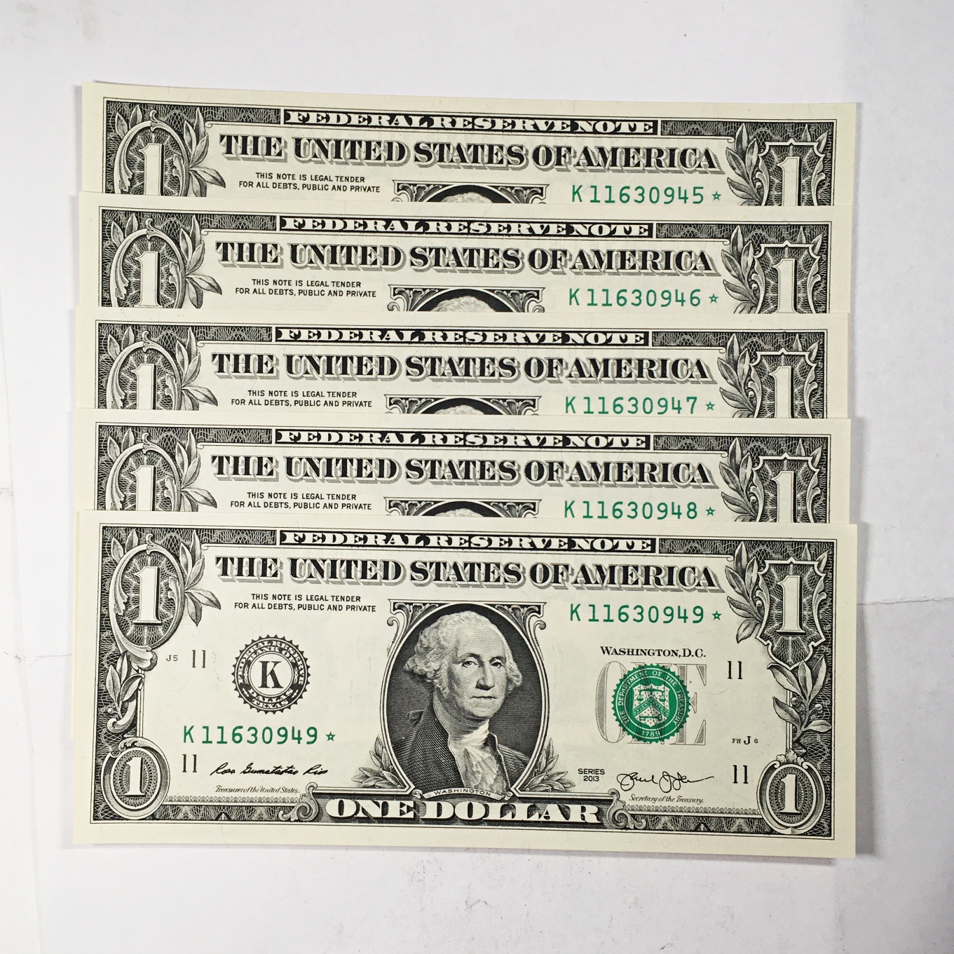 Five (5) Series 2013 $1 FRN; Dallas, TX*CONSECUTIVE NUMBERED STAR NOTES ...