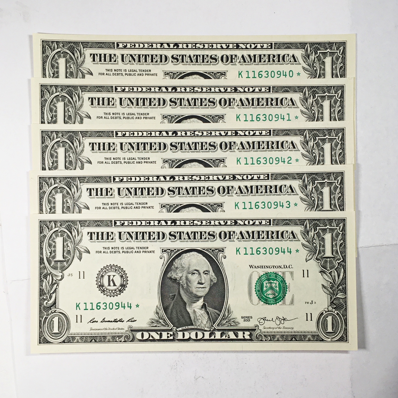 Five (5) Series 2013 $1 FRN; Dallas, TX*CONSECUTIVE NUMBERED STAR NOTES ...