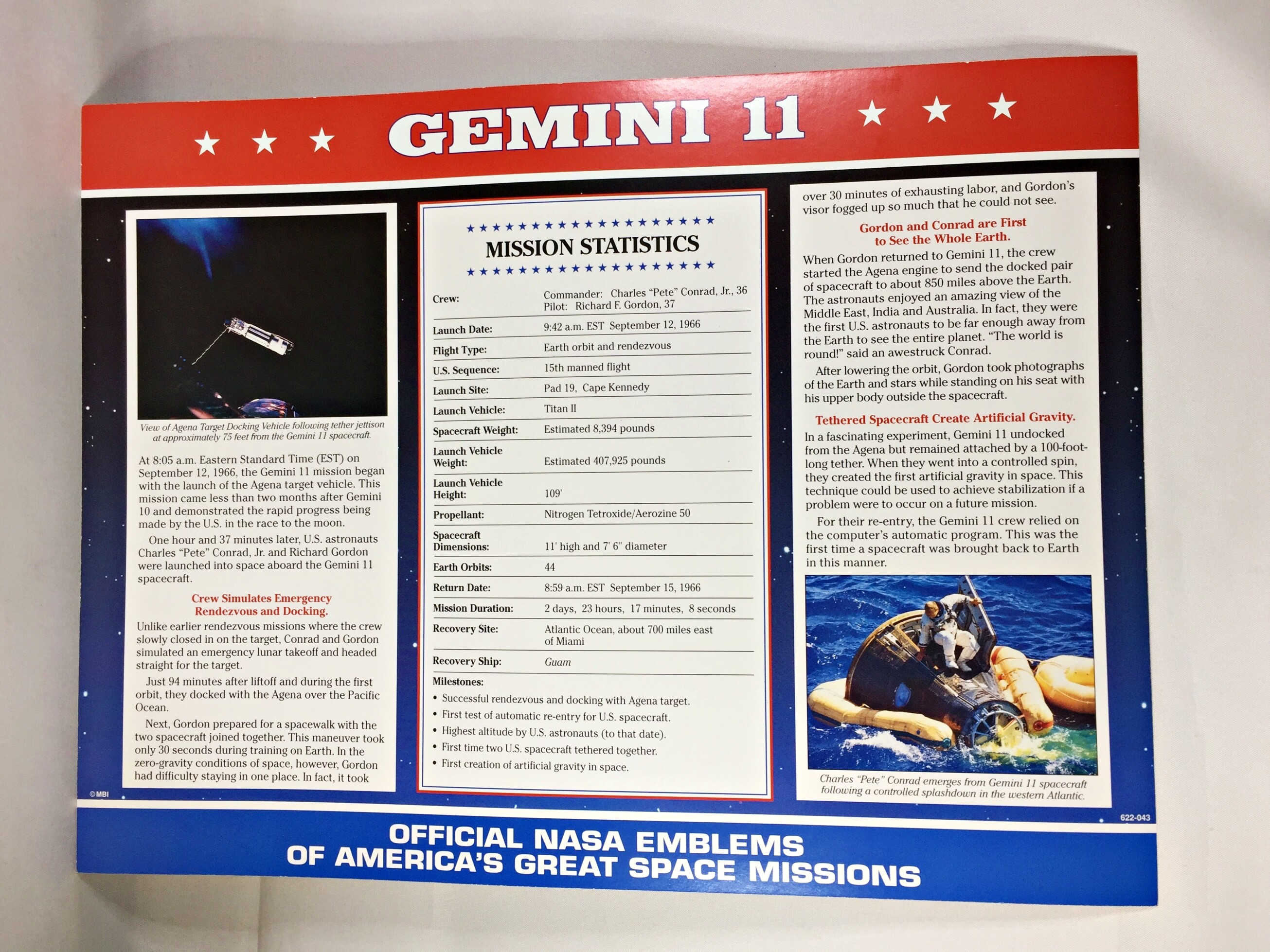 GEMINI 11 (Conrad-Gordon) NASA Space Mission Emblem Patch*Encased in 9" x 11" Historical Story ...