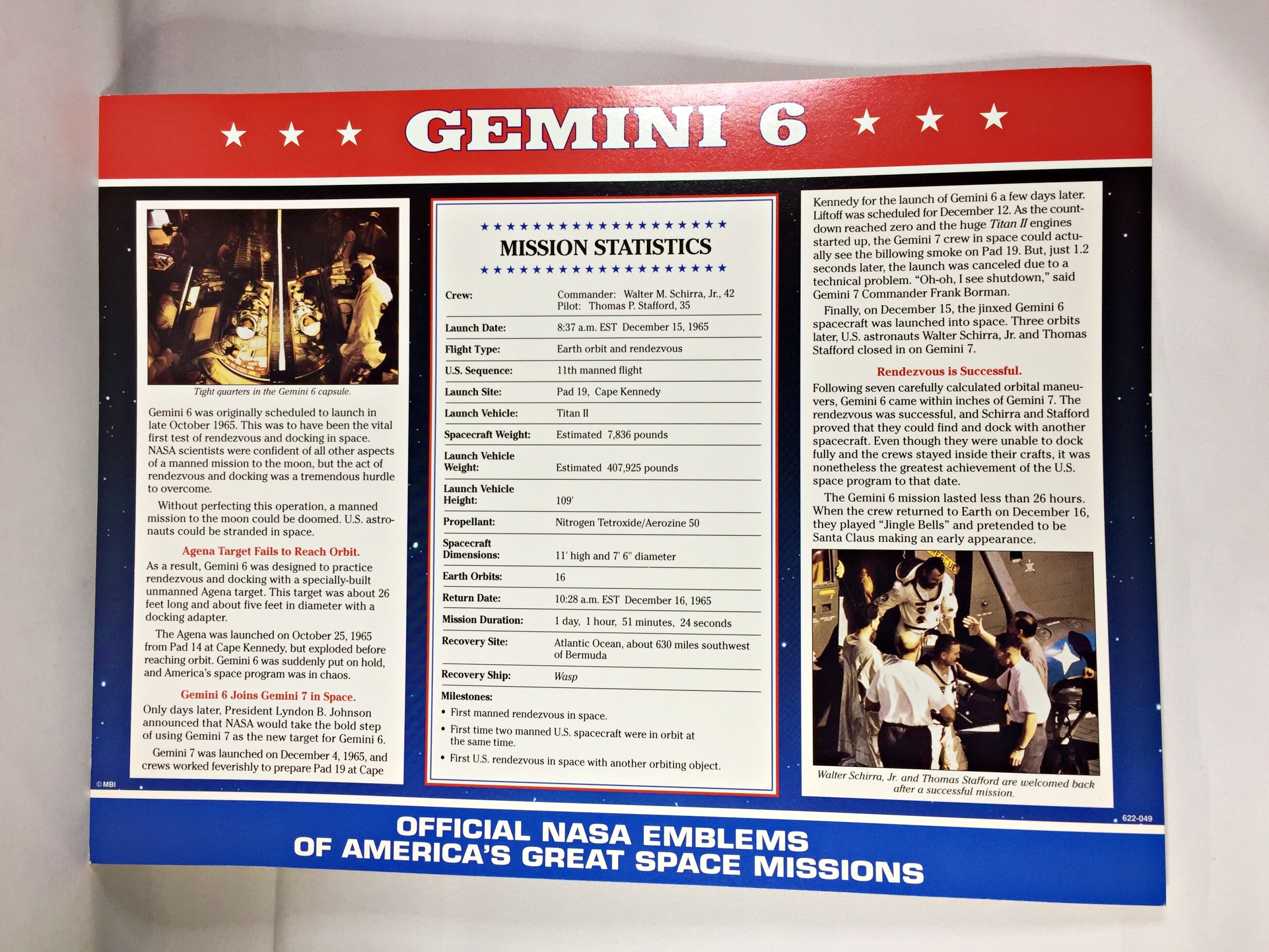 GEMINI 6 NASA Space Mission Emblem Patch*Encased in 9" x 11" Historical Story Board | Property Room