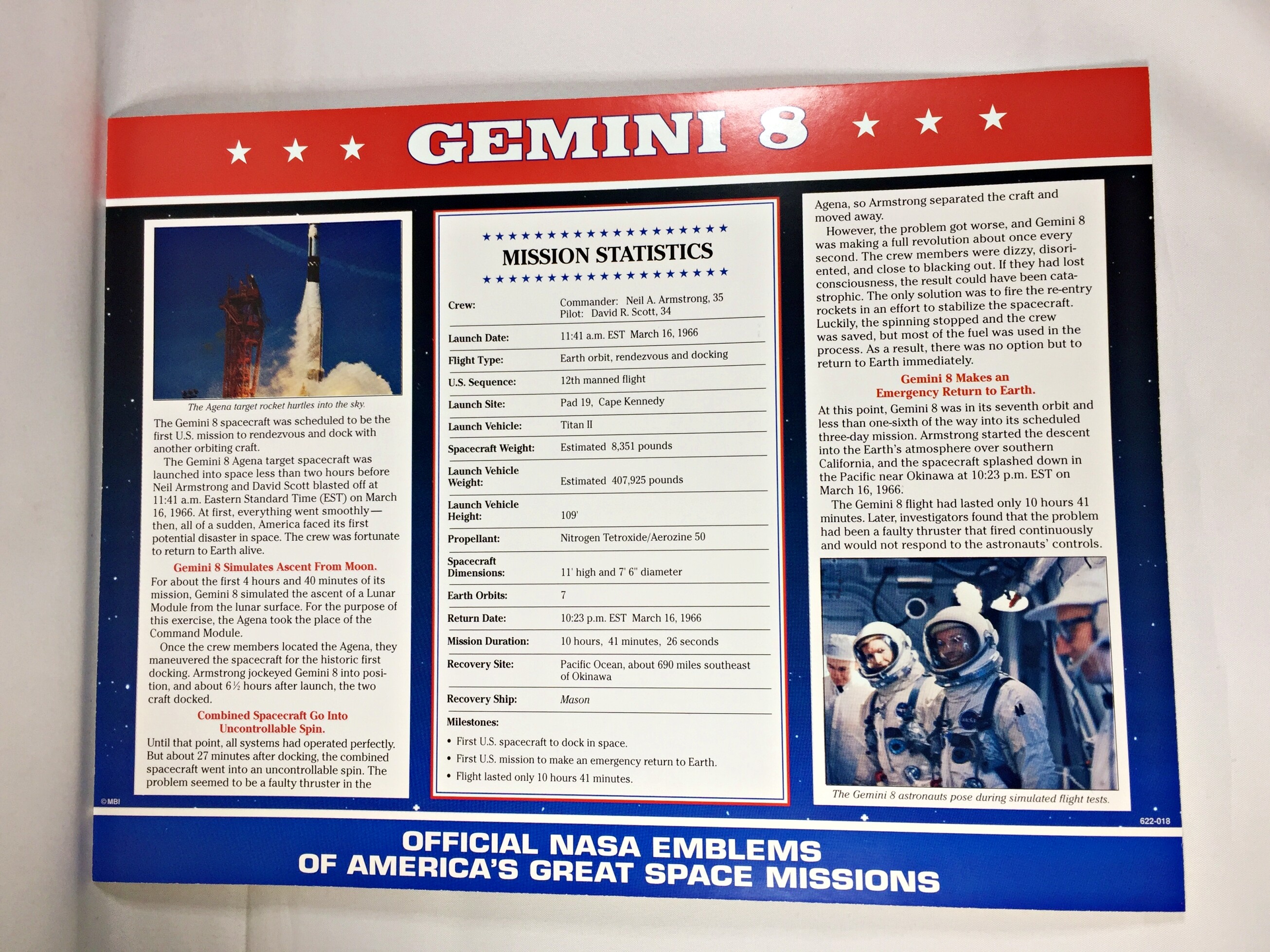 GEMINI 8 (Armstrong and Scott) NASA Space Mission Emblem Patch*Encased ...