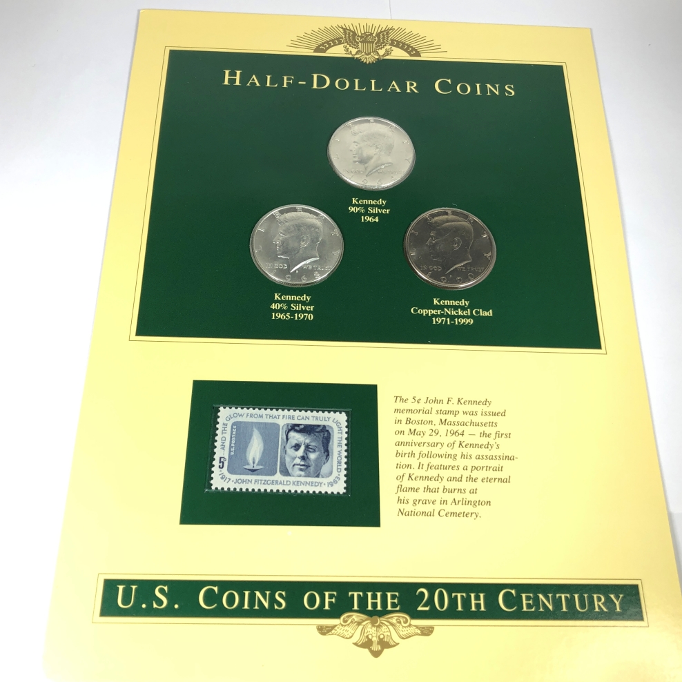 Half Dollar Coins Plus 1964 Commemorative Stamp*1964 90% Silver Kennedy ...
