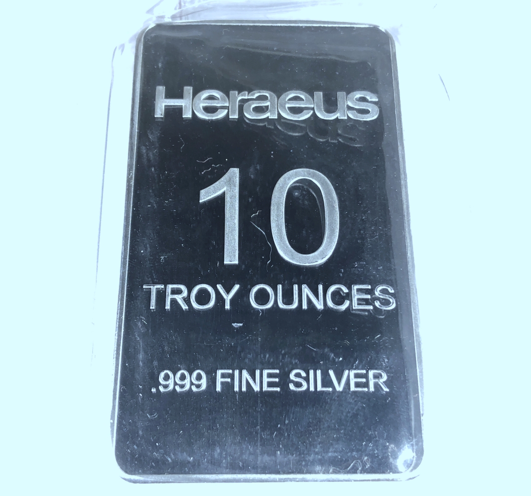 Heraeus 999 Fine Silver Bar 10 Troy Oz Serial Number Repeating Logo ...