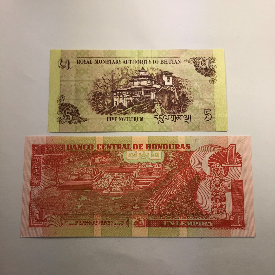 Honduras 1 Lempira Note and Bhutan Five Ngultrum Crisp Notes in ...