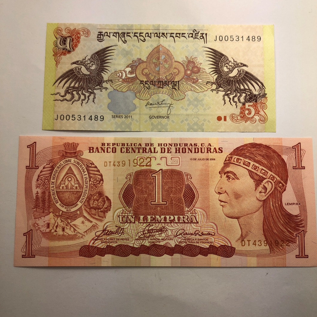 Honduras 1 Lempira Note and Bhutan Five Ngultrum Crisp Notes in ...