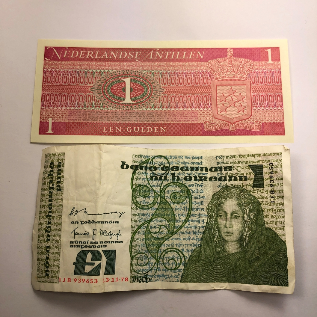 Ireland 1 Pound and Nederland Antilles 1 Gulden Banknotes in Protective ...