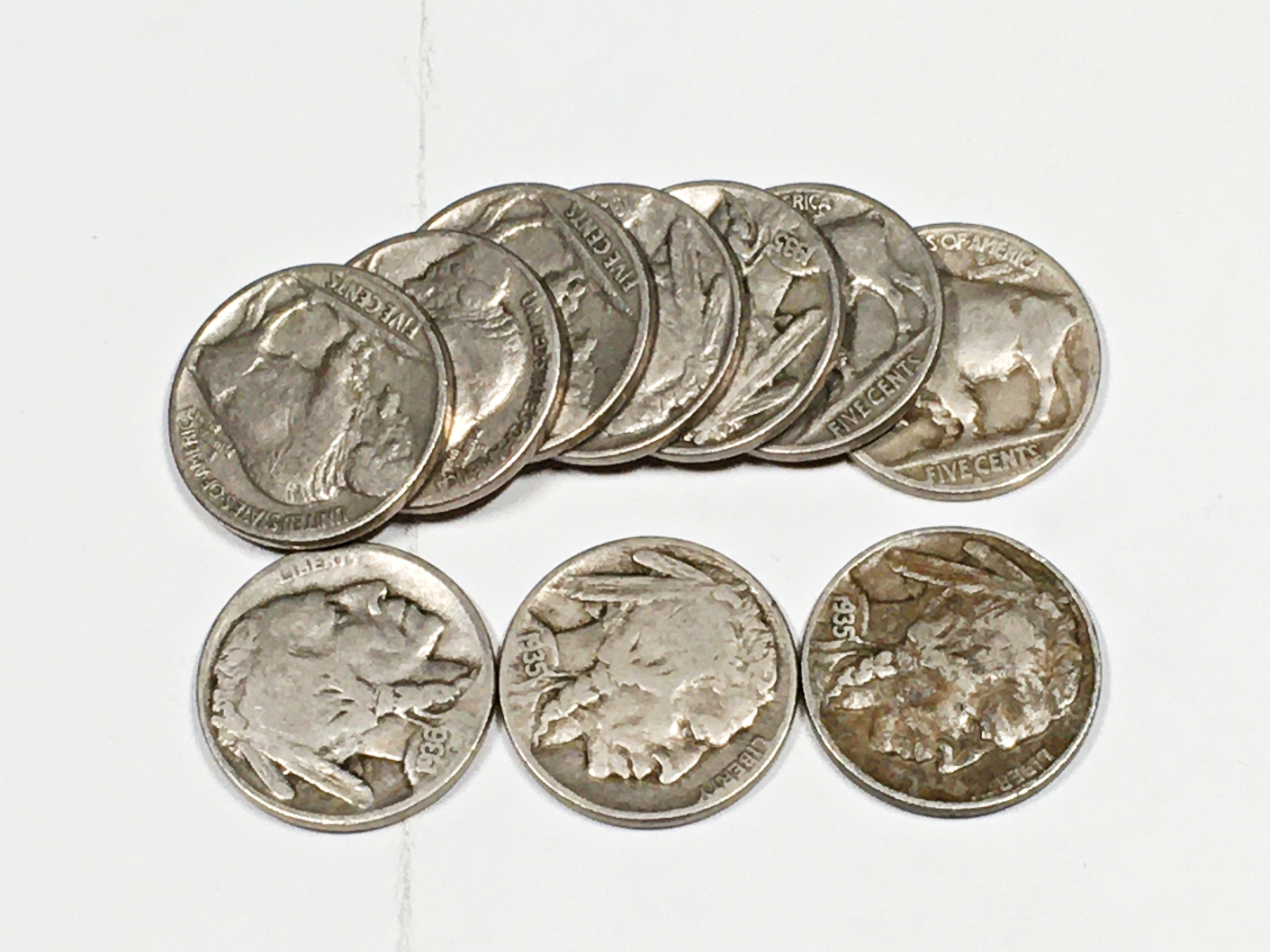 Lot of 10 Buffalo Nickels: 1935, 1930, 1936, 1934-D and 1936-D ...