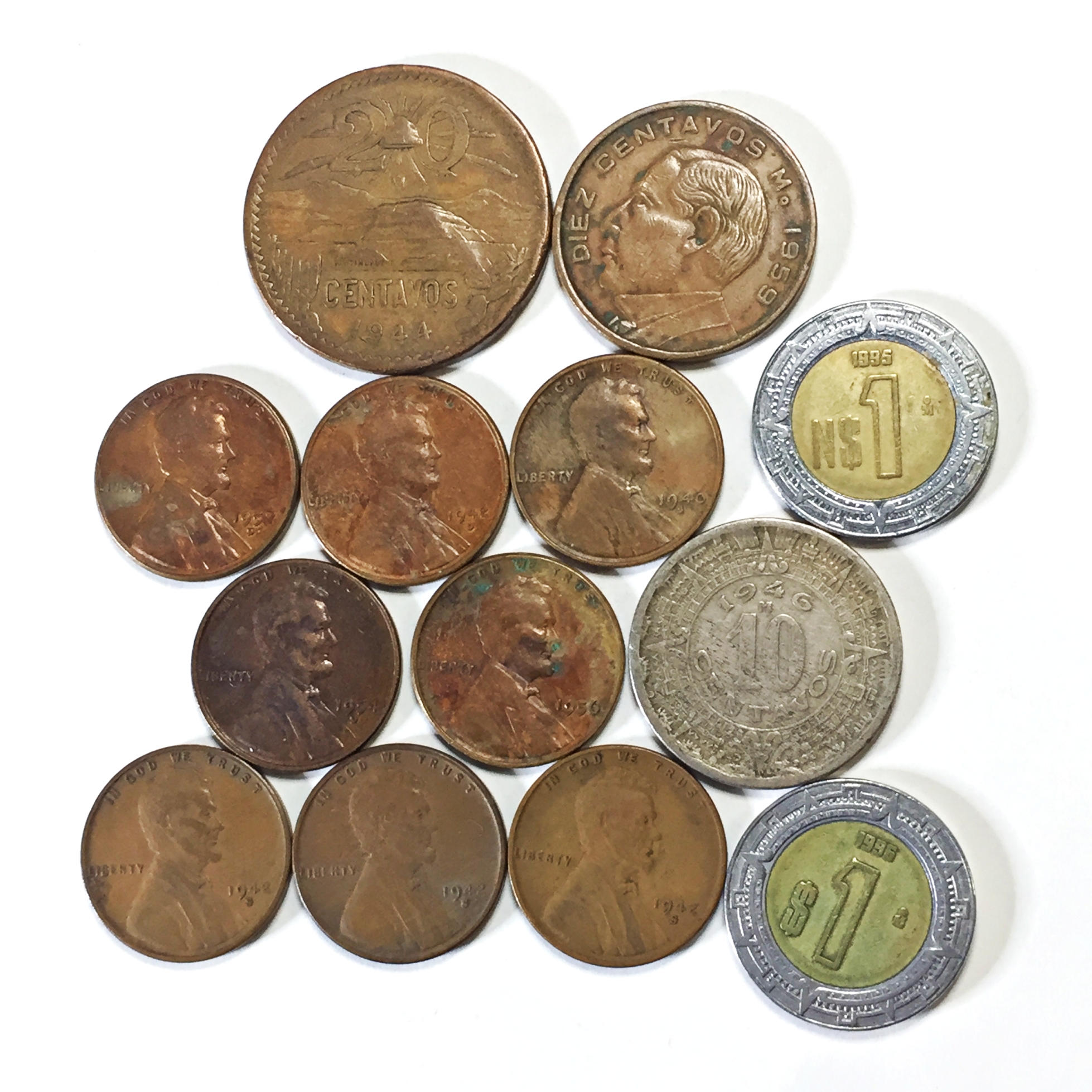Lot of 13 US and World Coins: Lincoln Wheat Cents and Mixed Mexican ...