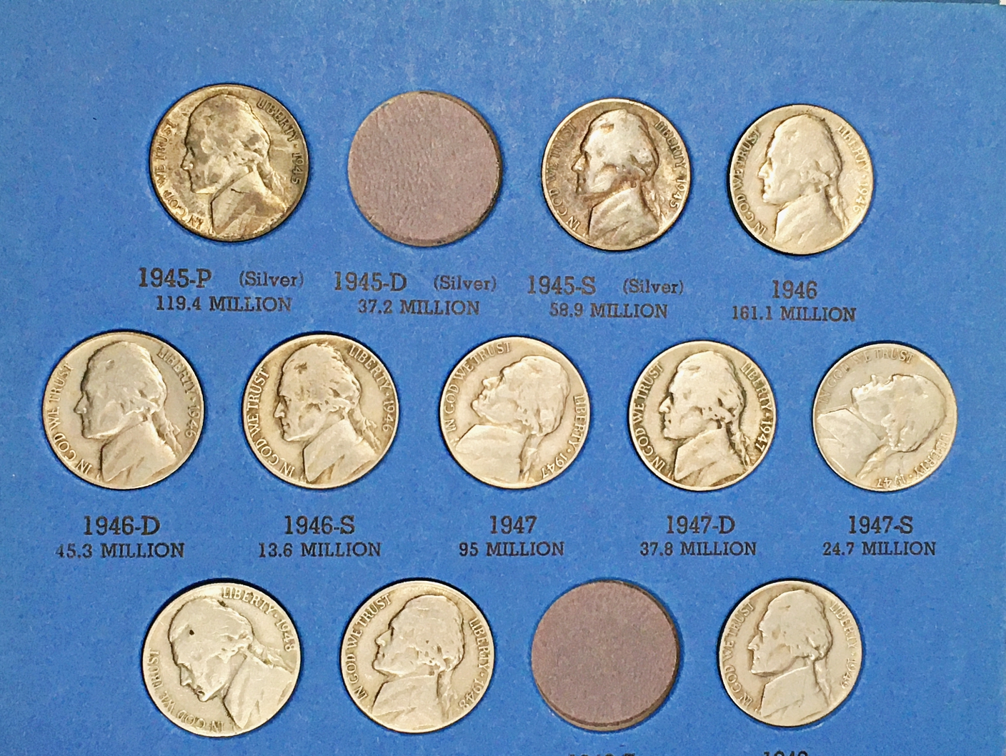 Lot of 15 Jefferson Nickels*1945 - 1952-D*Some Silver Wartime Issue ...