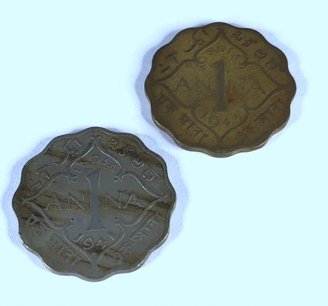 Lot of 2 India 1 Anna Coins 1941 and 1943 | Property Room