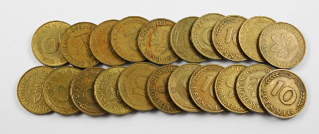Lot of 21 West German 10 Pfennig Coins*Various Dates and Grades ...