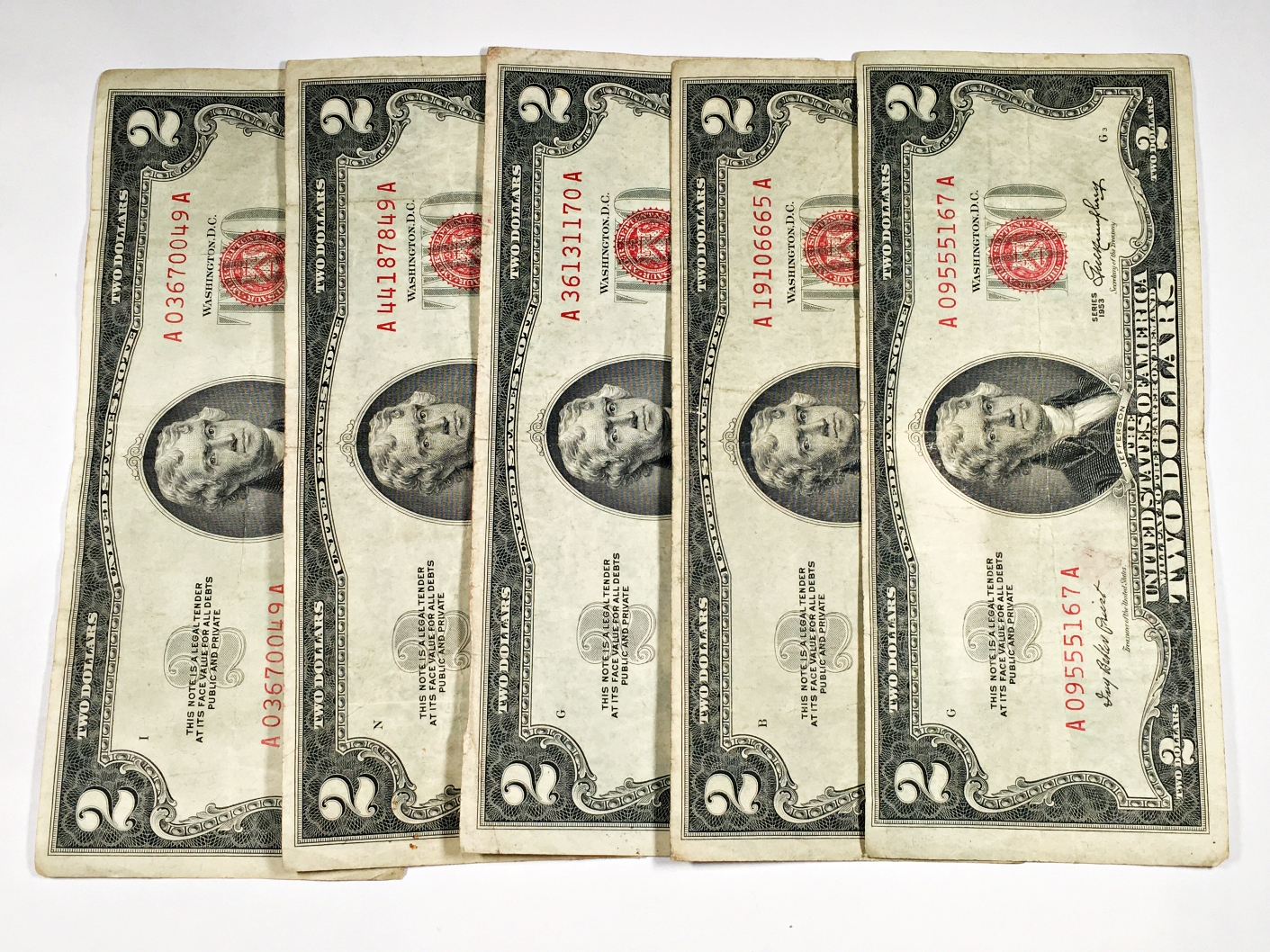 Lot of (5) 1953 $2 Red Seal U.S. Legal Tender Notes | Property Room