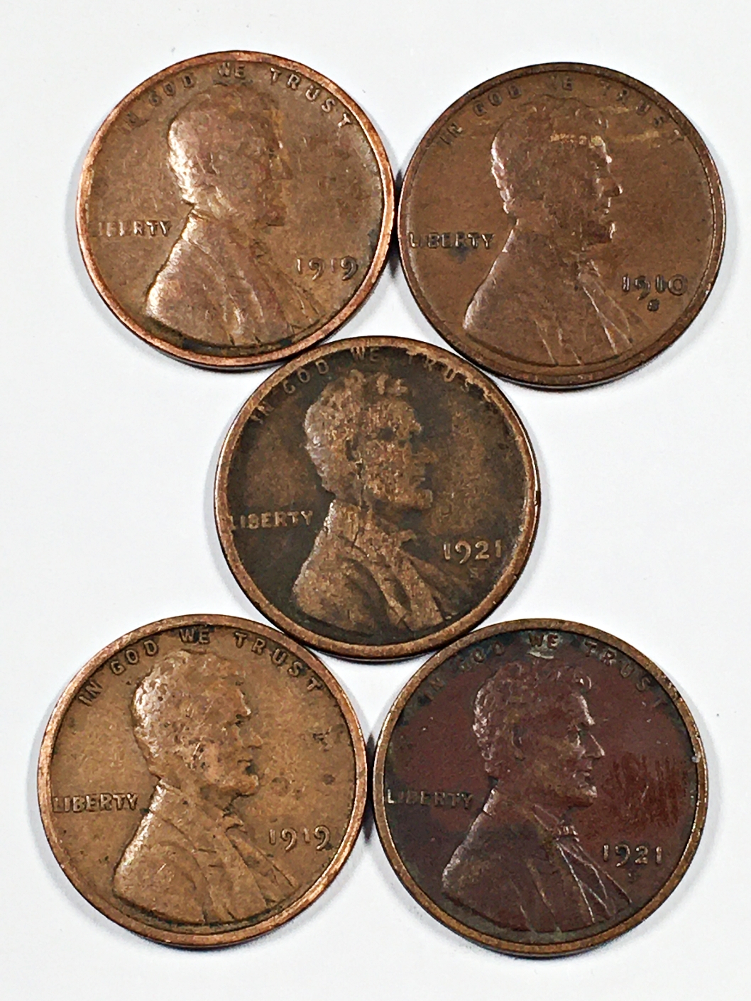 Lot of 5 Early Wheat Cents 1910 to 1921 Nice Mix | Property Room