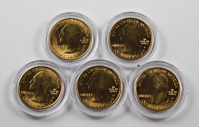 Lot of Five 24K Gold Layered Commemorative Quarters:Ft Moultrie, T ...
