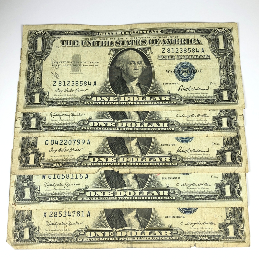 Lot of Five (5) $1 United States Silver Certificates*Series 1957 ...