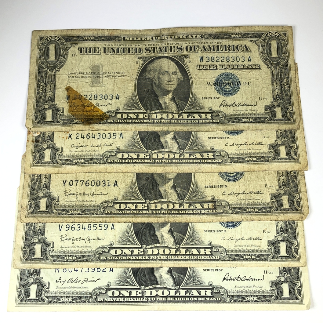 Lot of Five (5) $1 United States Silver Certificates*Series 1957 ...