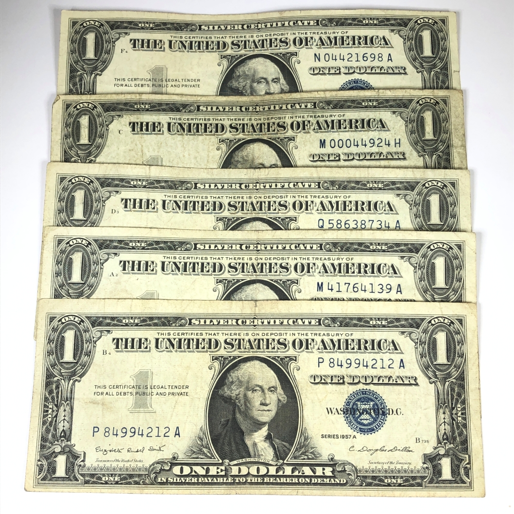 Lot of Five (5) $1 United States Silver Certificates*Series 1957 and ...