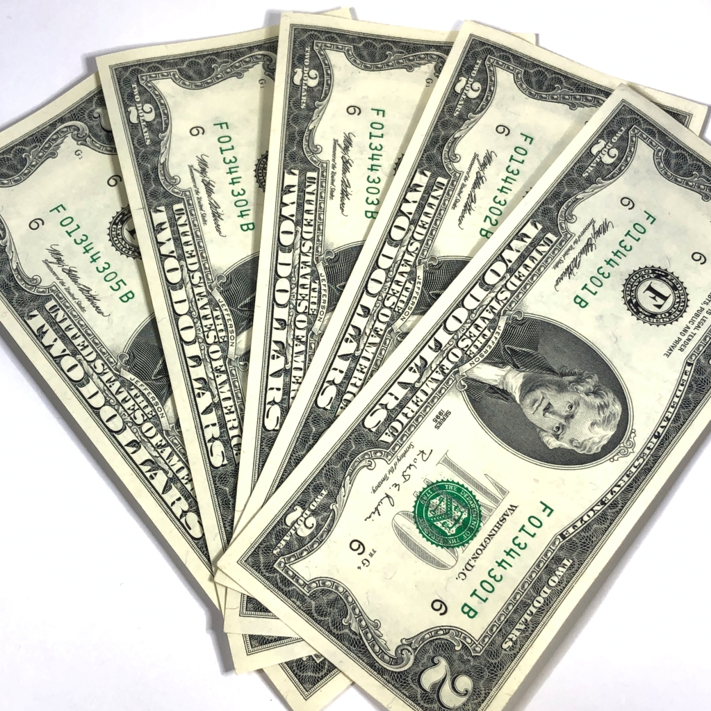 Lot of Five (5) CONSECUTIVE NUMBERED $2 Federal Reserve Notes; Atlanta ...