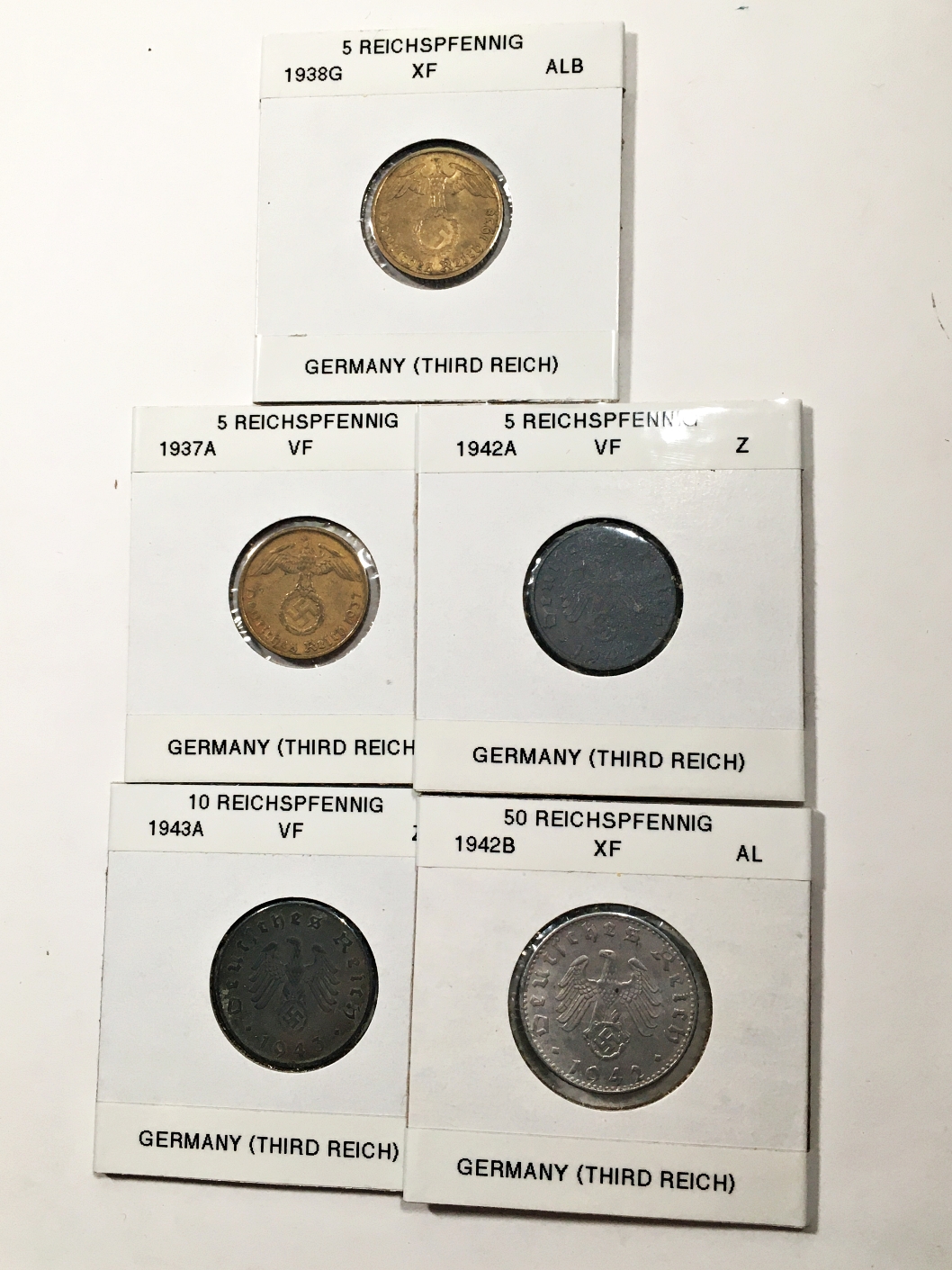 Lot of Five (5) Germany (Third Reich) Coins: 1930's & 1940's 10, 50 and ...