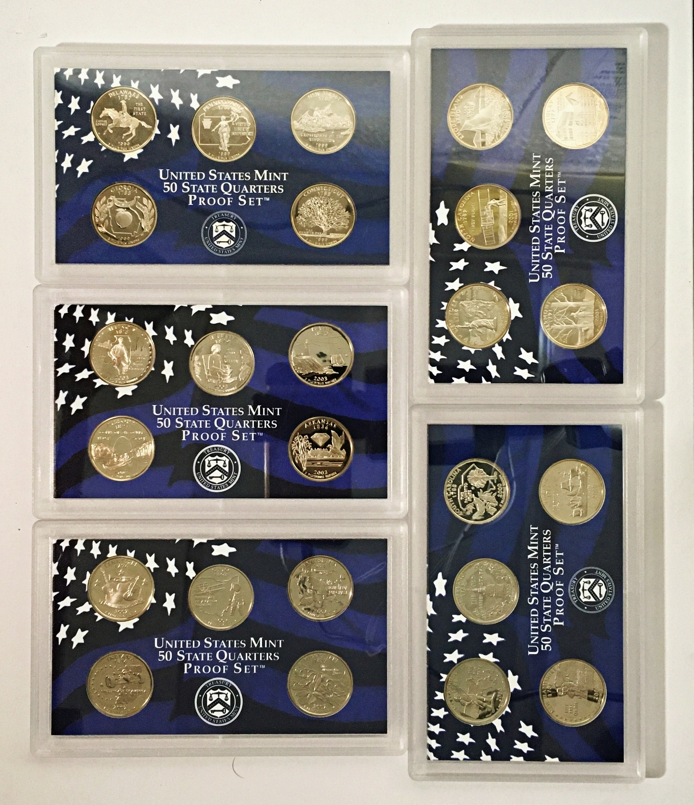 Lot of Five (5) States Quarters Proof Sets in Original Custom Holders ...
