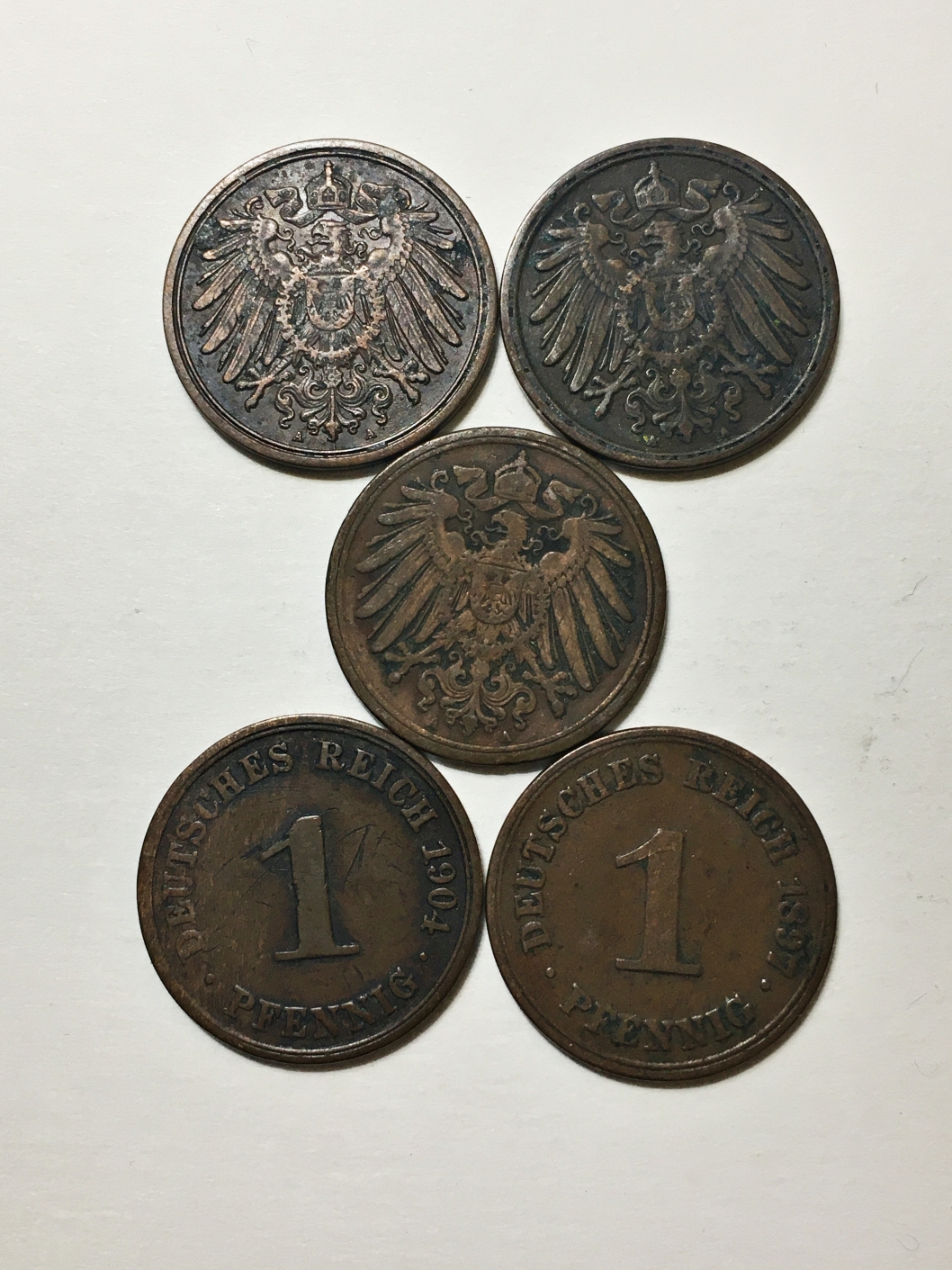 Lot of Five German Reich Pfennigs*1901, 1897, 1892, 1904 and 1899 ...