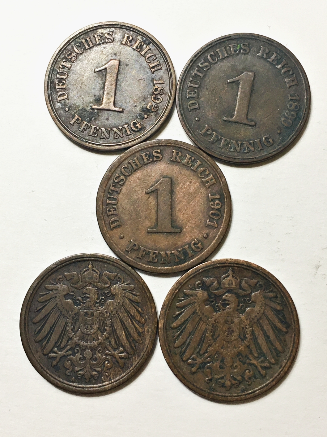 Lot of Five German Reich Pfennigs*1901, 1897, 1892, 1904 and 1899 ...